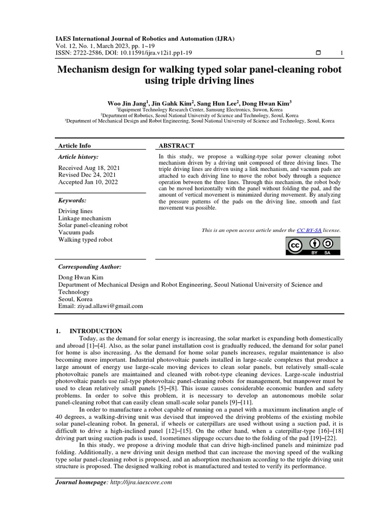 Mechanism Design For Walking Typed Solar Panel-Cleaning Robot Using ...