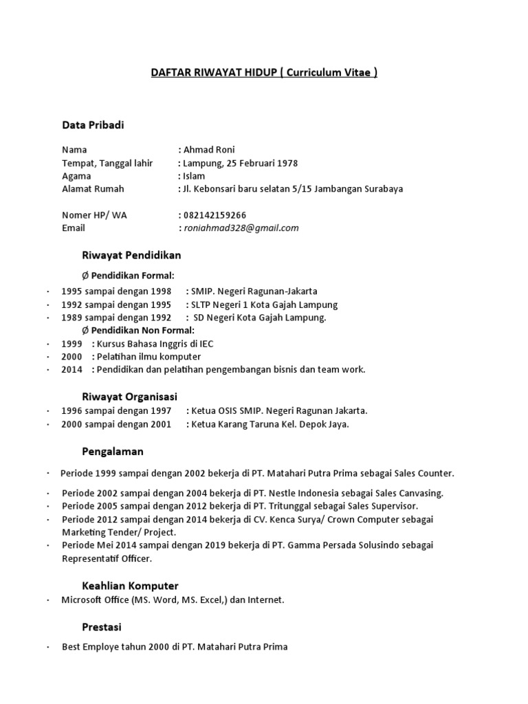 CV Ahmad Roni: Pengalaman Sales & Marketing | PDF