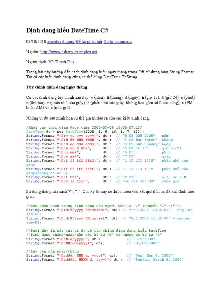 Định dạng kiểu DateTime trong C# | PDF