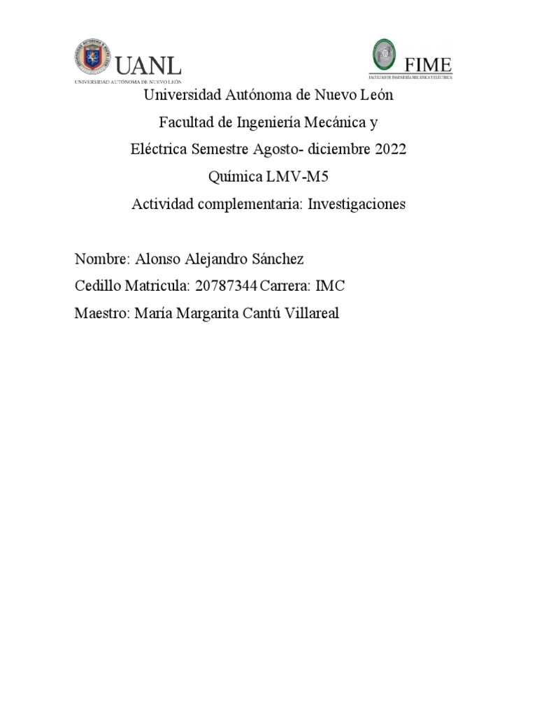 Actividad Complementaria 2 - Investigaciones - Química LMV M5 - AASC | PDF | Gases | Electrodo