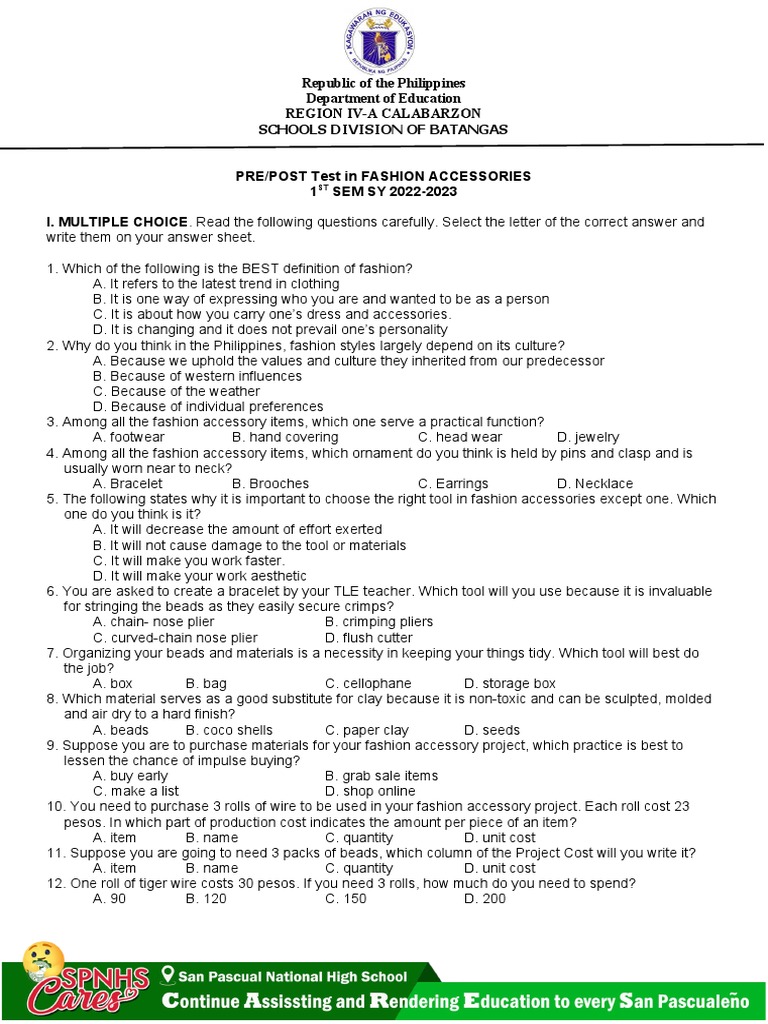 PrePost Test Fashion Accessories 1st Sem | PDF | Fashion | Jewellery