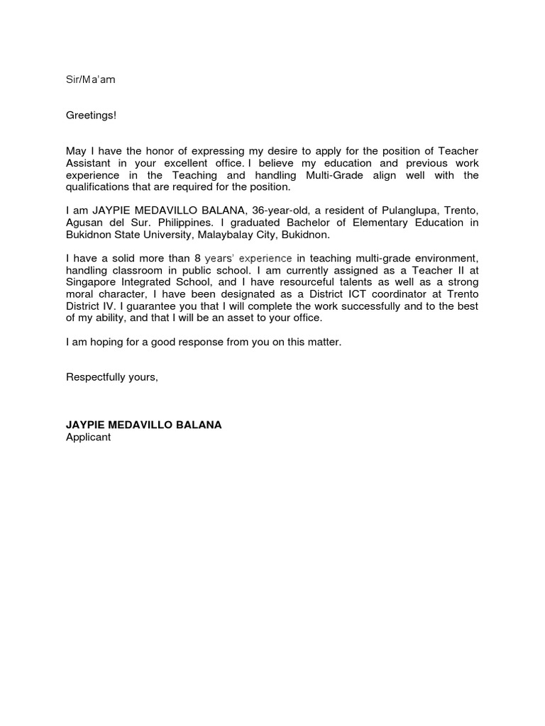 Teacher Assistant Application Letter | PDF