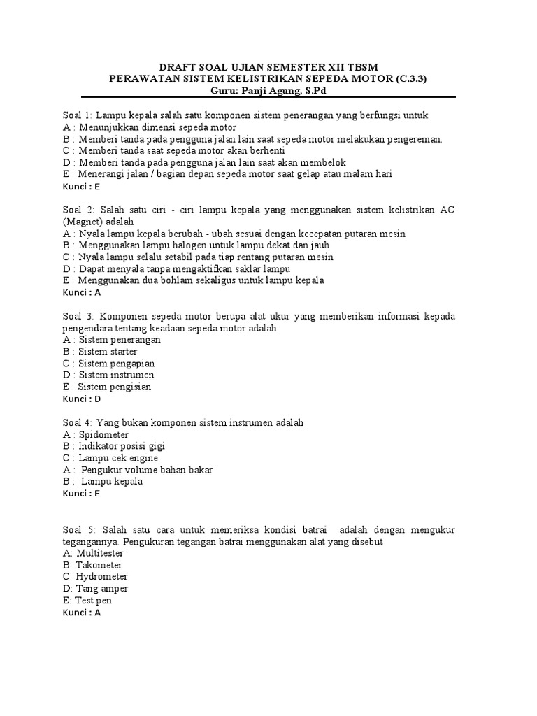 Draft Soal Ujian Semester - Pemeliharaan Kelistrikan Sepeda Motor - 12 TBSM | PDF | Metode ...