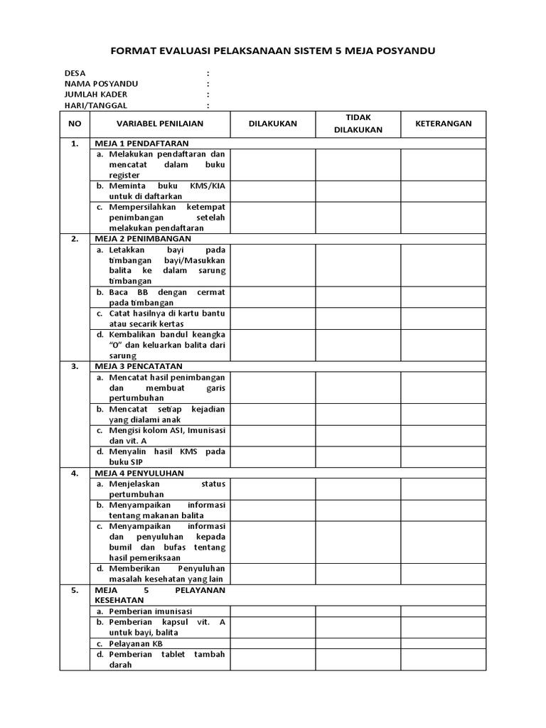 FORMAT EVALUASI PELAKSANAAN SISTEM 5 MEJA POSYANDU | PDF