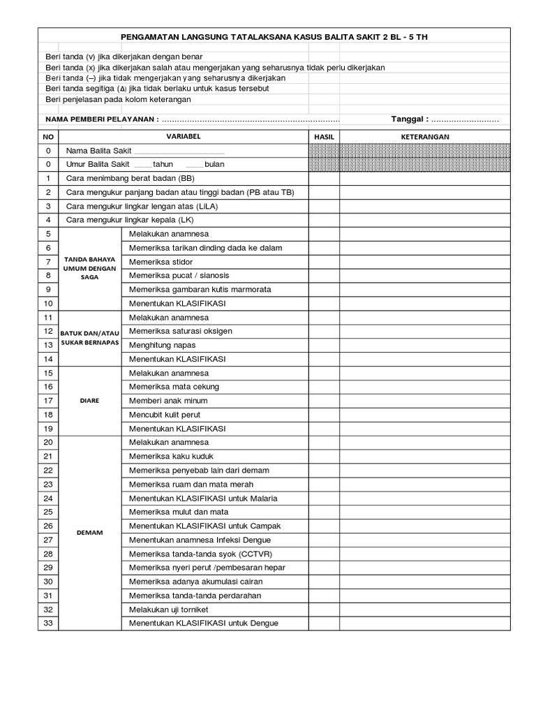 Form PENGAMATAN LANGSUNG TATALAKSANA BALITA SAKIT - Rev 2022 | PDF