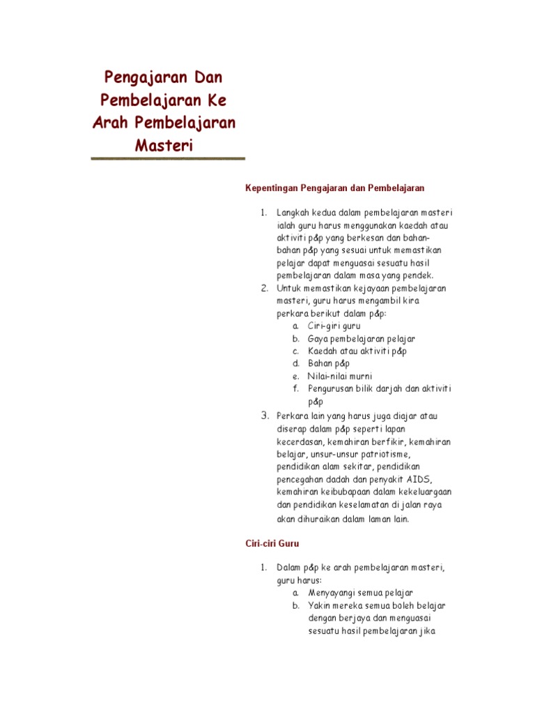 Pengajaran Dan Pembelajaran Ke Arah Pembelajaran Masteri | PDF