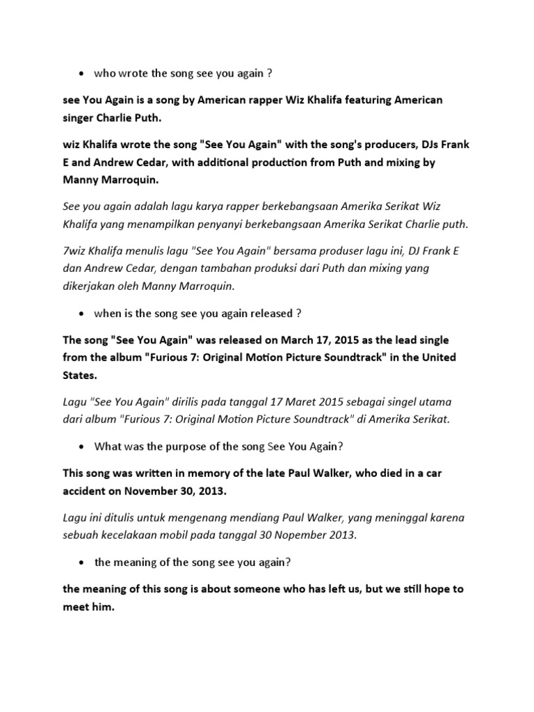 See You Again Pdf Song Recordings Produced Songs Written