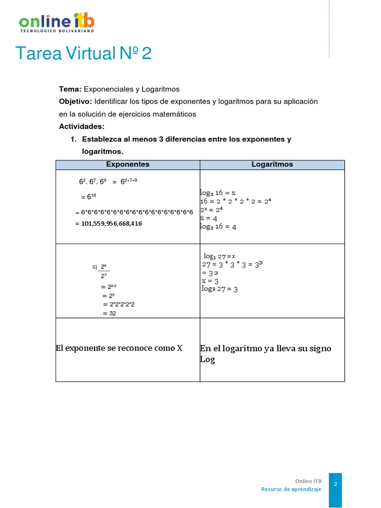 Tarea Virtual 2 Exponenciales y Logaritmos | PDF | Logaritmo | Aritmética