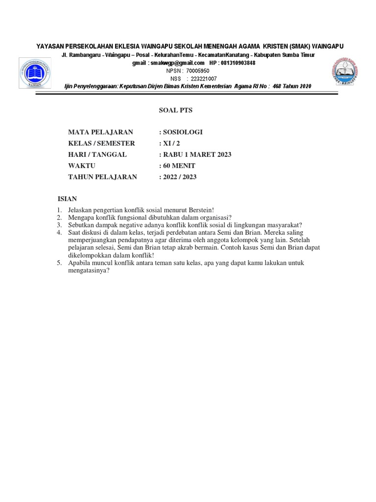 Soal PTS Sosiologi Kelas Xi | PDF