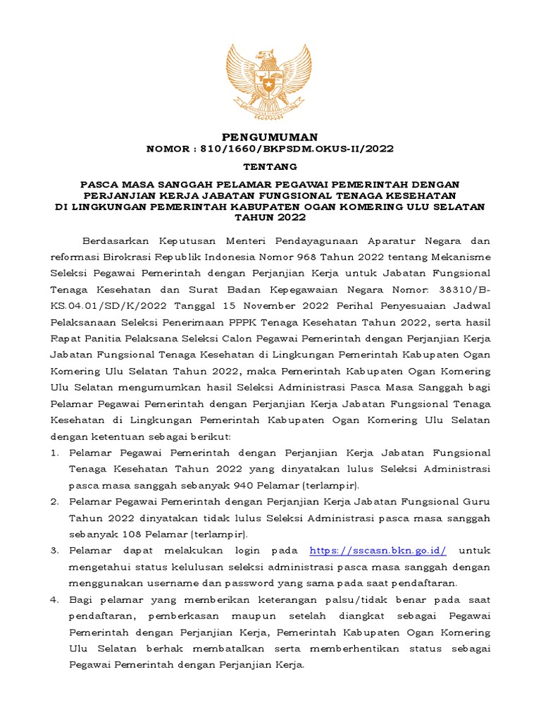 Pengumuman Pasca Masa Sanggah PPPK JF Tenaga Kesehatan Okus | PDF