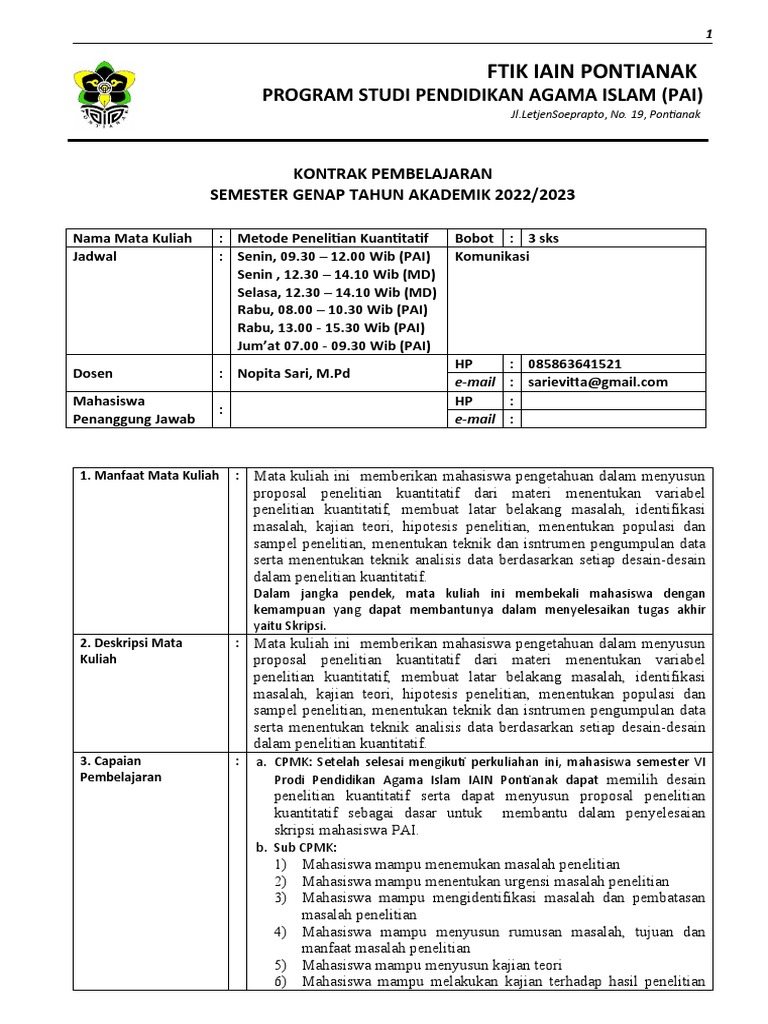 Kontrak Pembelajaran Mata Kuliah Metode Penelitian Kuantitatif Program ...