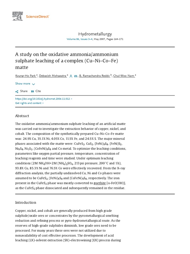 A Study On The Oxidative Ammonia - Ammonium Sulphate Leaching of A ...