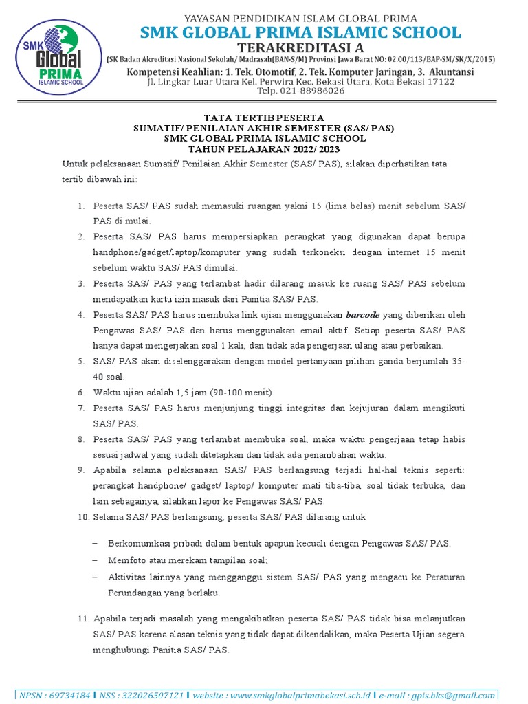 TATA TERTIB PESERTA & PENGAWAS PAS 22-23 I | PDF