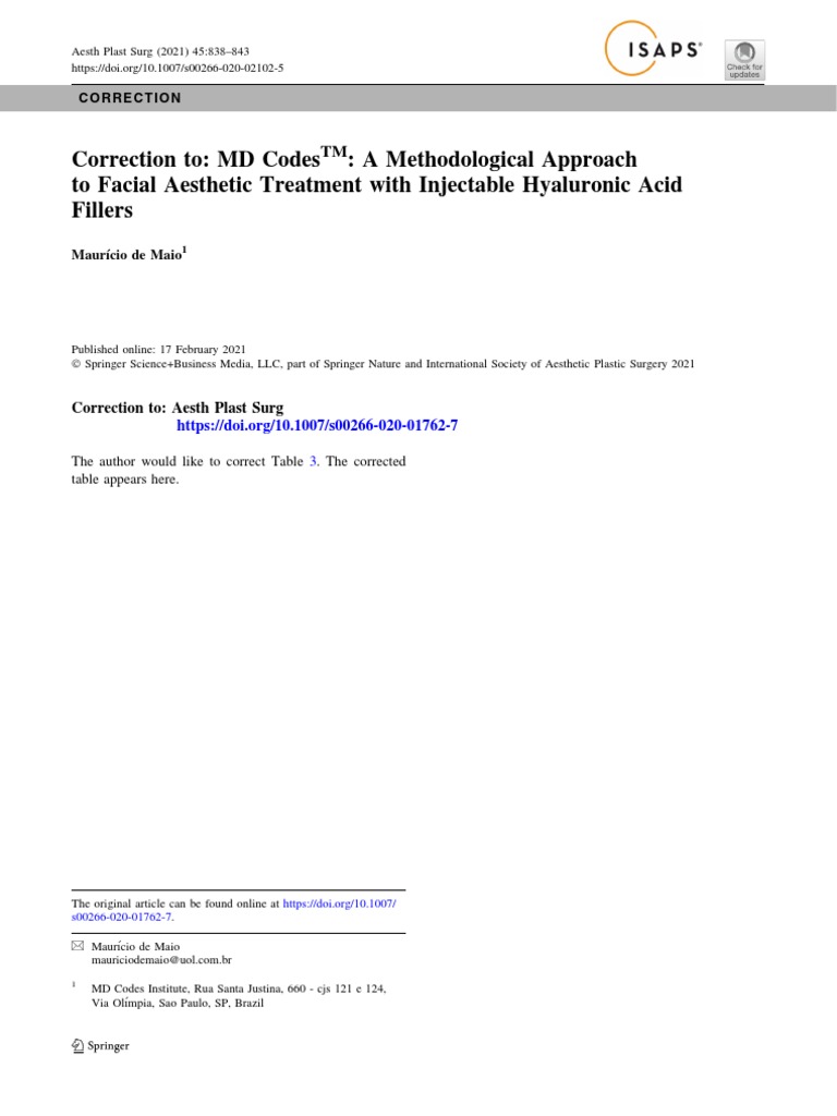 Correction To: MD Codes: A Methodological Approach To Facial Aesthetic ...