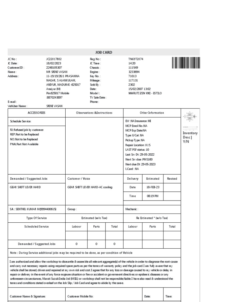 Job Card: Inventory Desc - Y/N | PDF | Insurance | Motor Vehicle