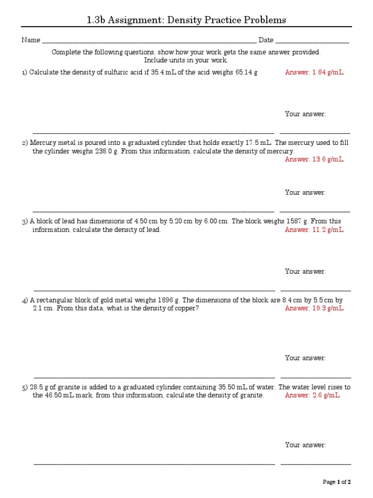 1.3 Density Practice Problems | PDF | Density | Volume
