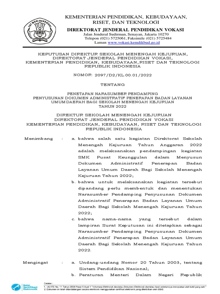 SK Penetapan Narasumber Pendamping Penyusunan Dok Adm BLUD SMK | PDF