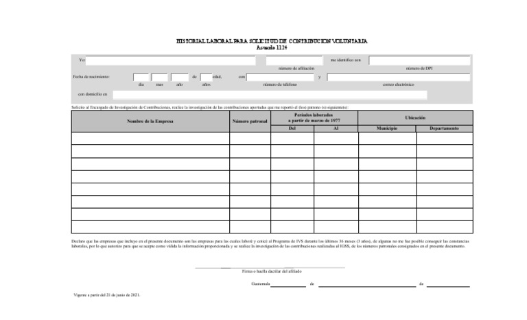 Historial Laboral para Solicitud de Contribucion Voluntaria Acuerdo ...