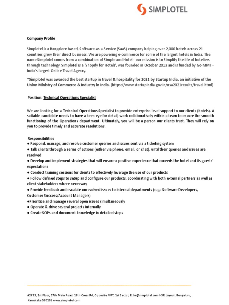 JD - Technical Operations Specialist | PDF | Software As A Service | Startup Company