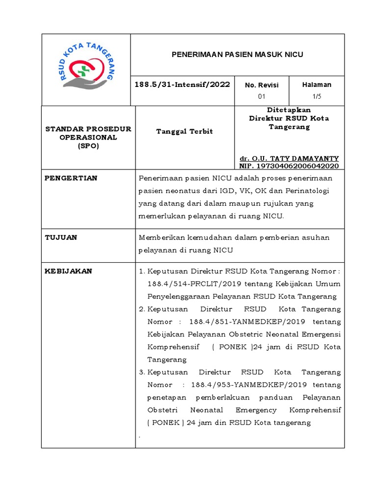 Spo Penerimaan Pasien Masuk Nicu 2022 | PDF