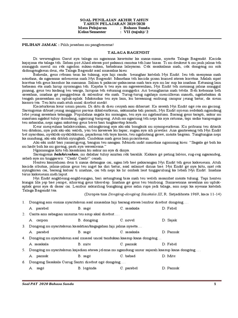 Soal Pat B. Sunda KLS Vii SMT 2 1920 MGMP PDF Fix | PDF