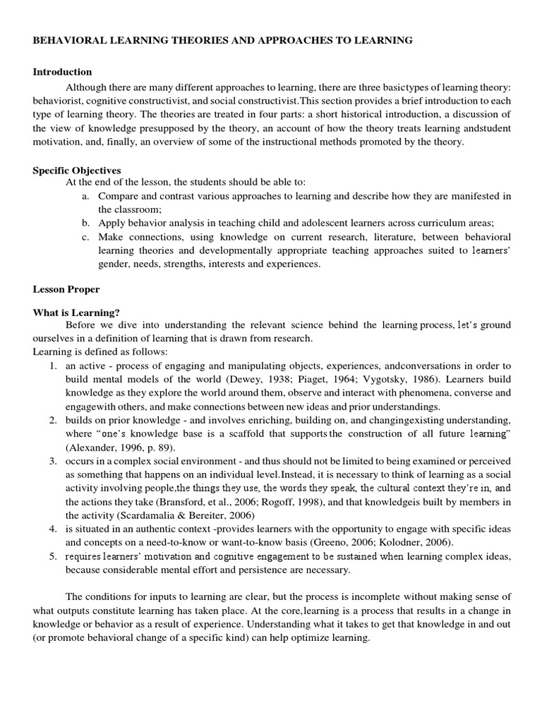 Finals Lesson 3 Behavioral Learning Theories and Approaches To Learning ...