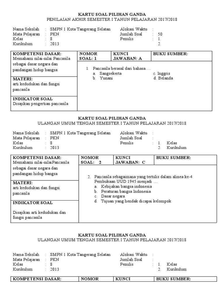 Kartu Soal Uas PKN | PDF
