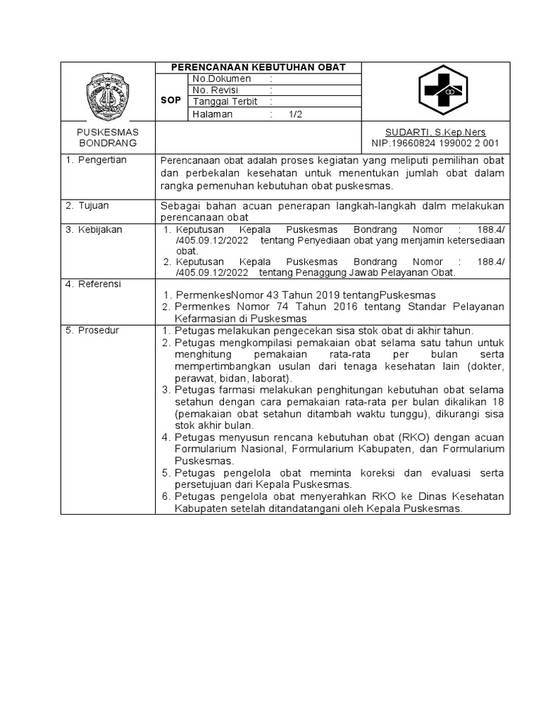 Perencanaan Kebutuhan Obat SOP | PDF