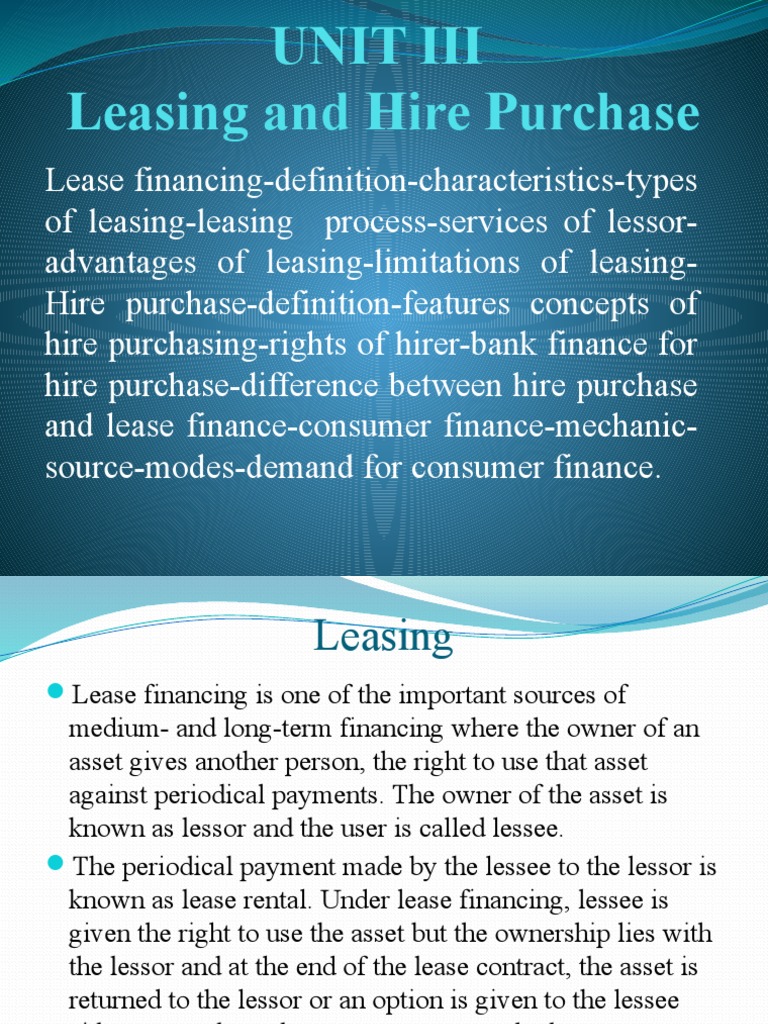Unit III-Leasing and Hire Purchase | PDF | Loans | Lease