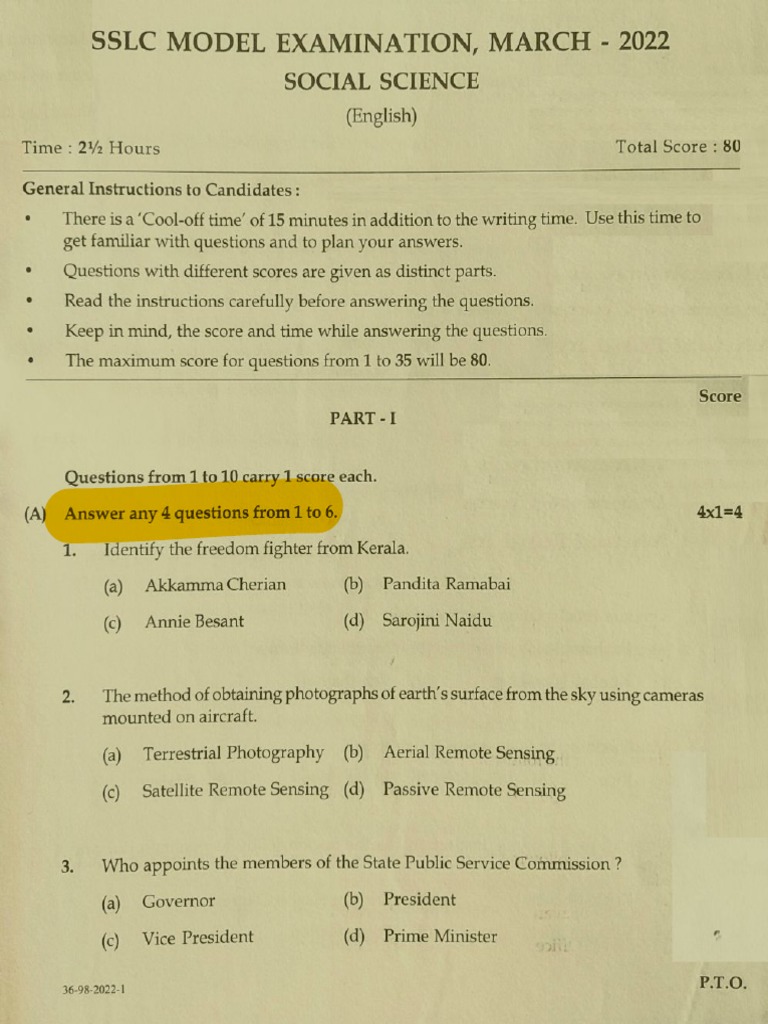 SSLC Model Exam 2022 - Social Science Question Paper em | PDF
