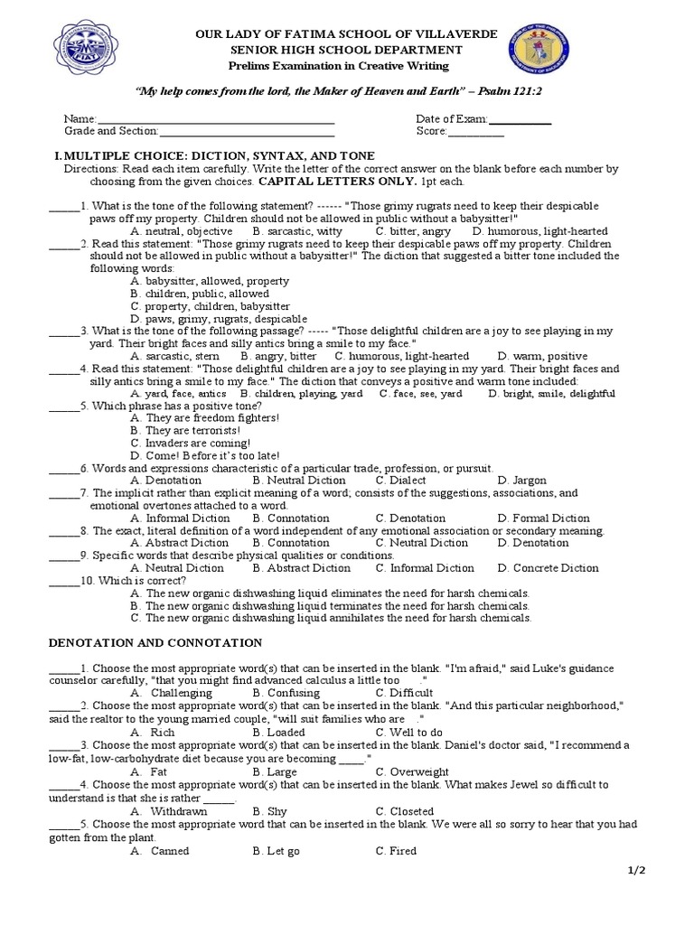 1st Prelims Exam Creative Writing | PDF | Linguistics