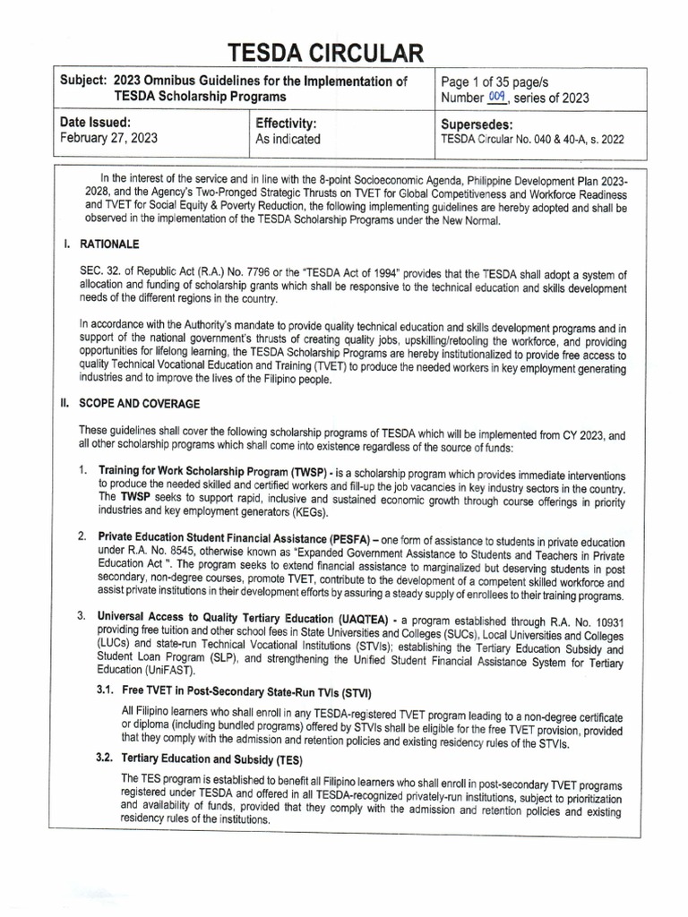 TESDA Circular No. 009-2023 | PDF | Career And Technical Education ...