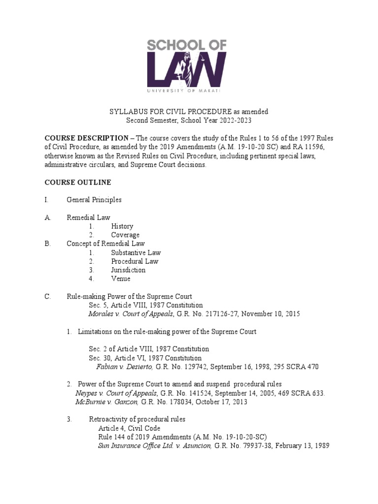 Syllabus CIVPRO Part 1 | PDF | Jurisdiction | Annulment