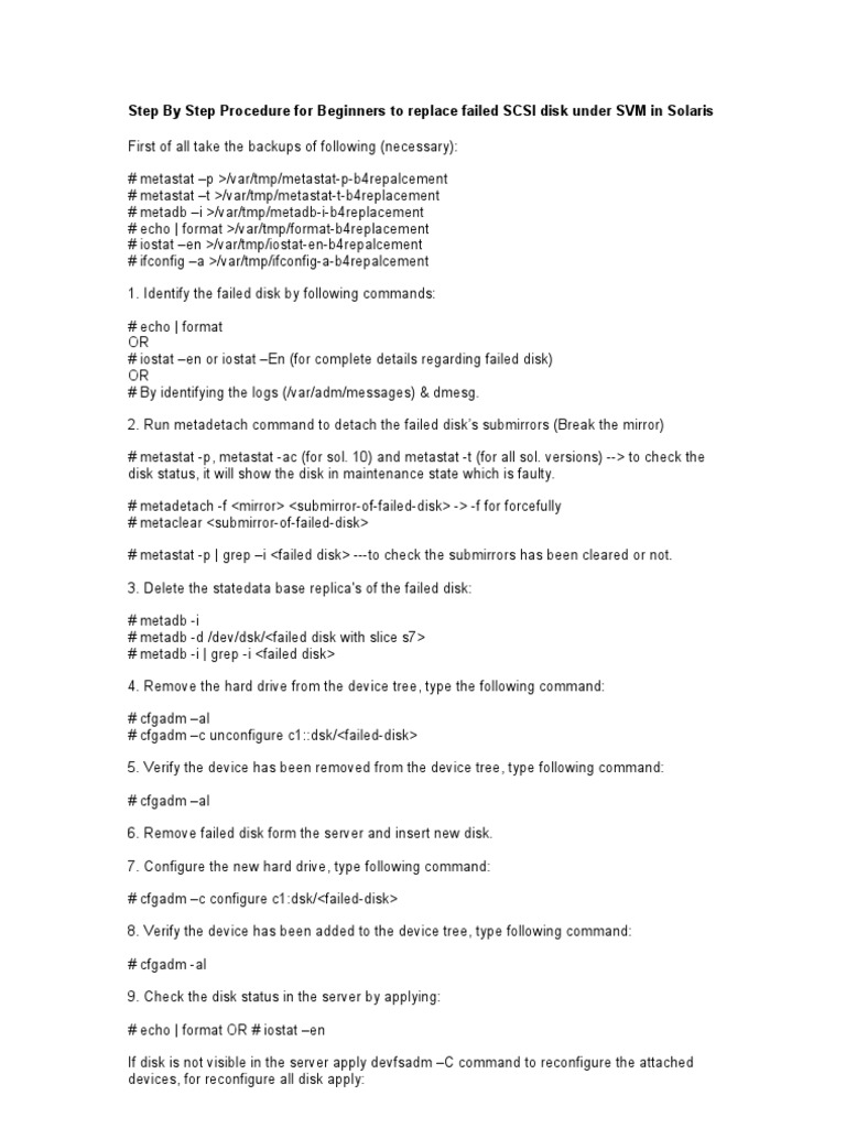 Step By Step Procedure For Beginners To Replace Failed Scsi Disk Under Svm In Solaris Pdf