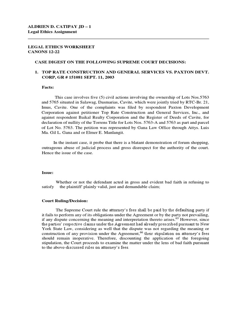 Legal Ethics Worksheet 1 | PDF | Lawyer | Complaint