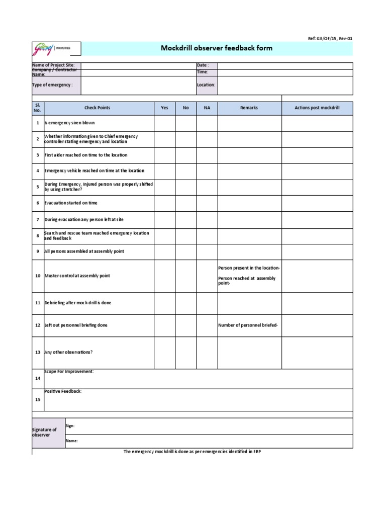 Mock Drill Observer Feedback Form Rev-01 | PDF