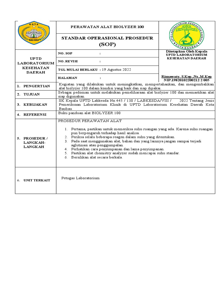 Pemeliharaan Alat Biolyzer 100 | PDF