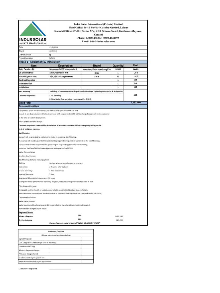 Indus Solar International (Private) Limited Proposal for 20kW On-Grid ...