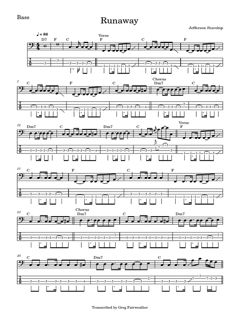 Runaway - Jefferson Starship - Bass Tab | PDF