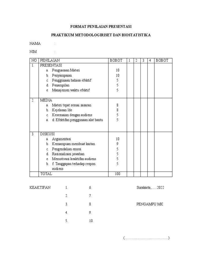 Format Nilai Presentasi | PDF