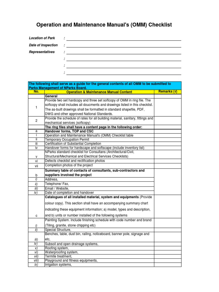 OMM Checklist | PDF | Electrical Engineering | Building Engineering