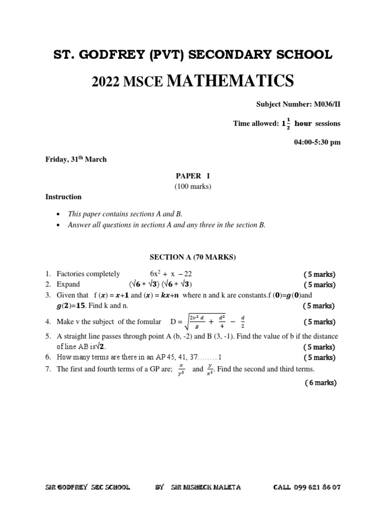 2022 Mock 1 Mathematics 11 | PDF | Equations | Algorithms