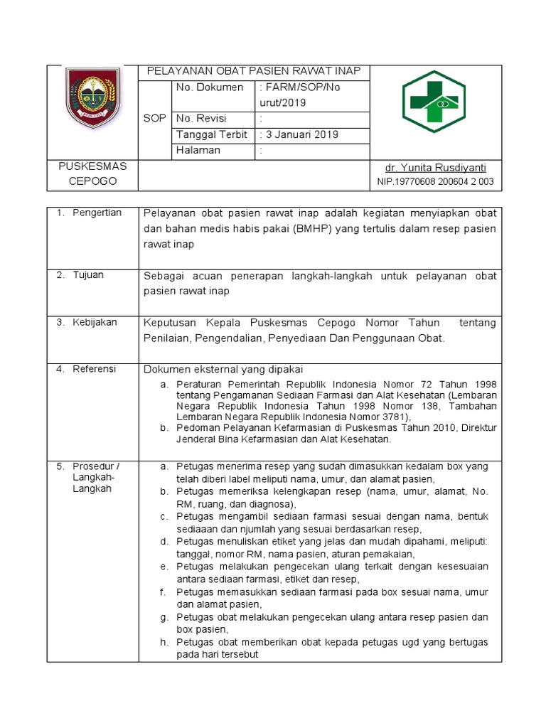 Sop Pelayanan Resep Rawat Inap Pdf