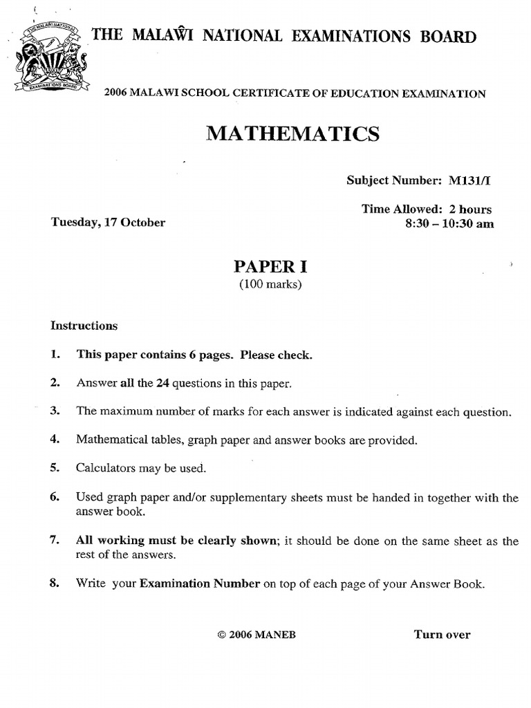 2006 Maths Msce Que | PDF