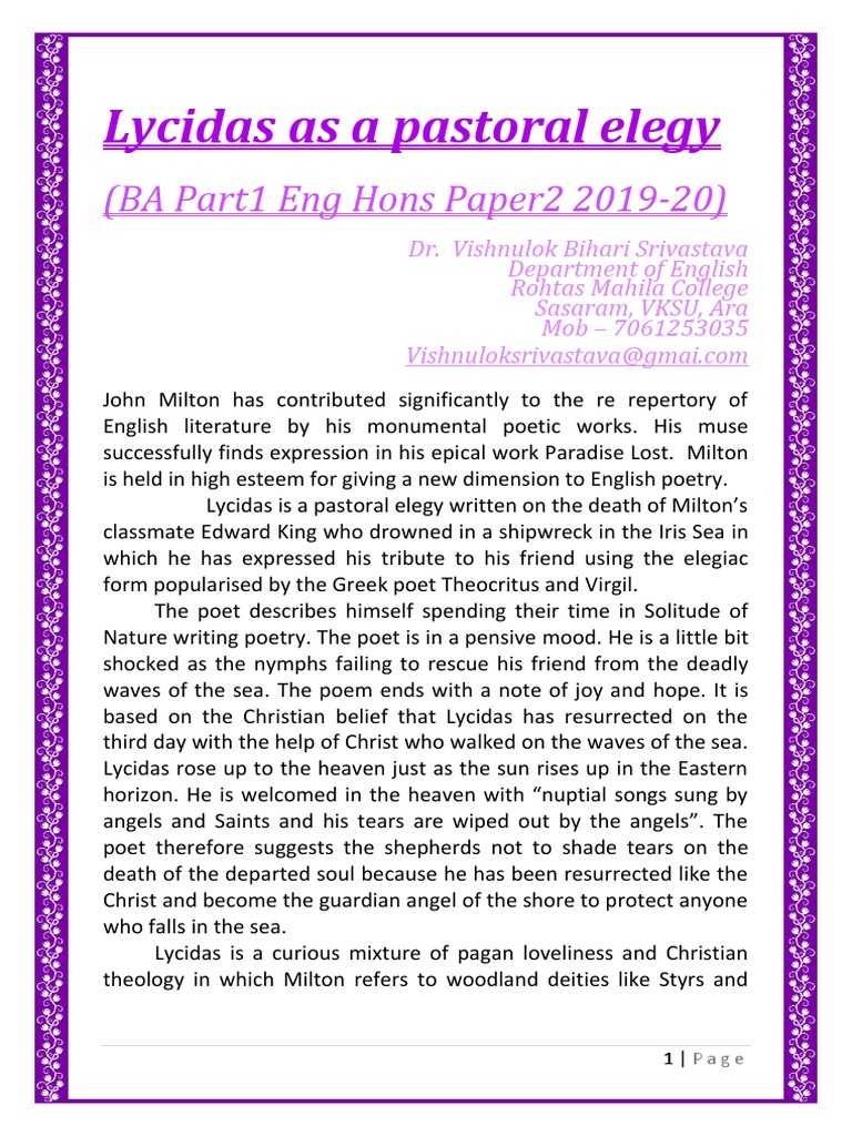 Lycidas As A Pastoral Elegy ENGLISH | PDF | Poetry
