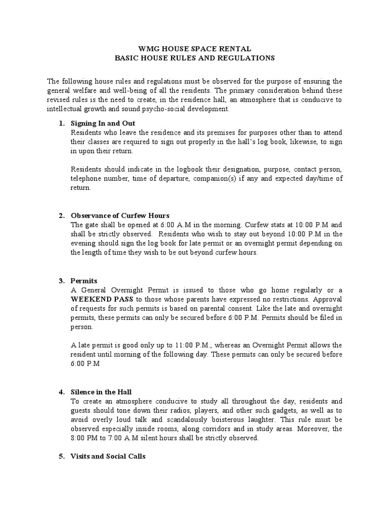 House Rules and Regulations for Resident Well-Being and Community ...
