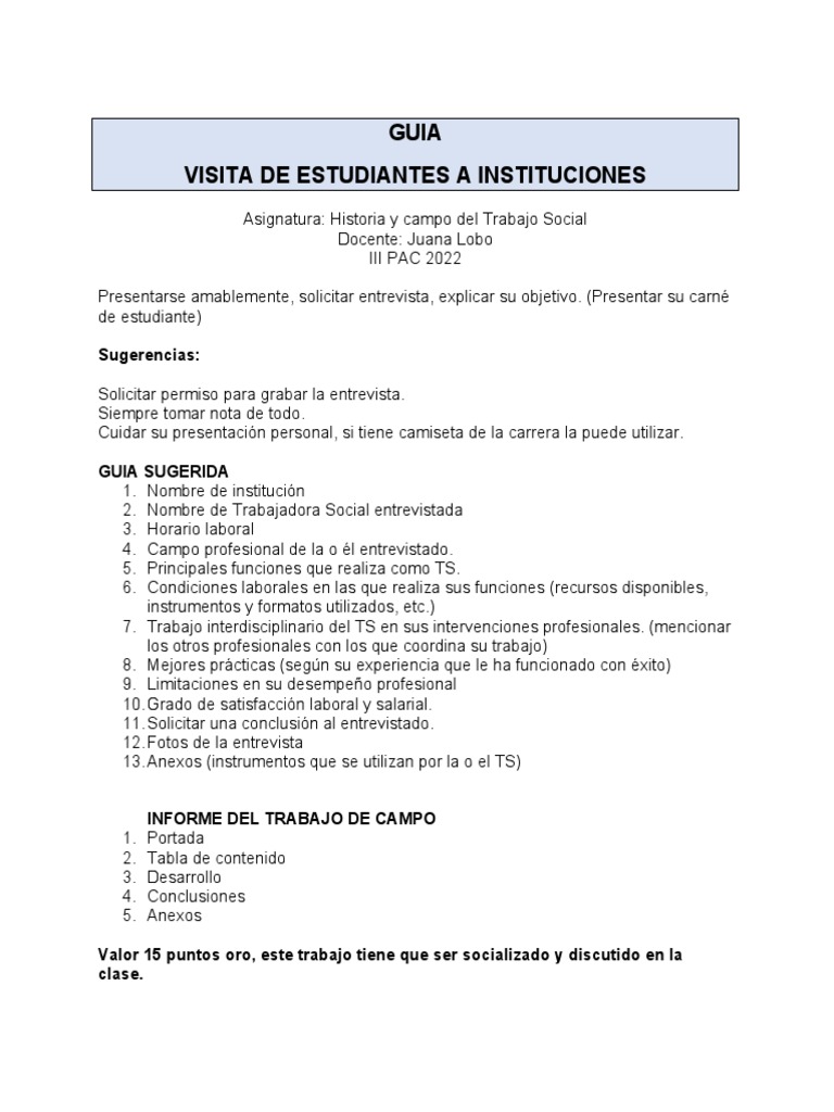 Guia Para Trabajo De Visitas De Estudiantes A Instituciones Pdf