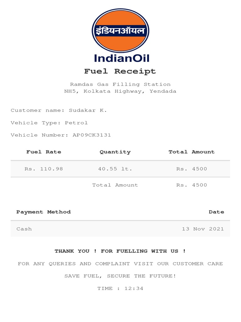 Fuel Receipt for Sudakar K. | PDF