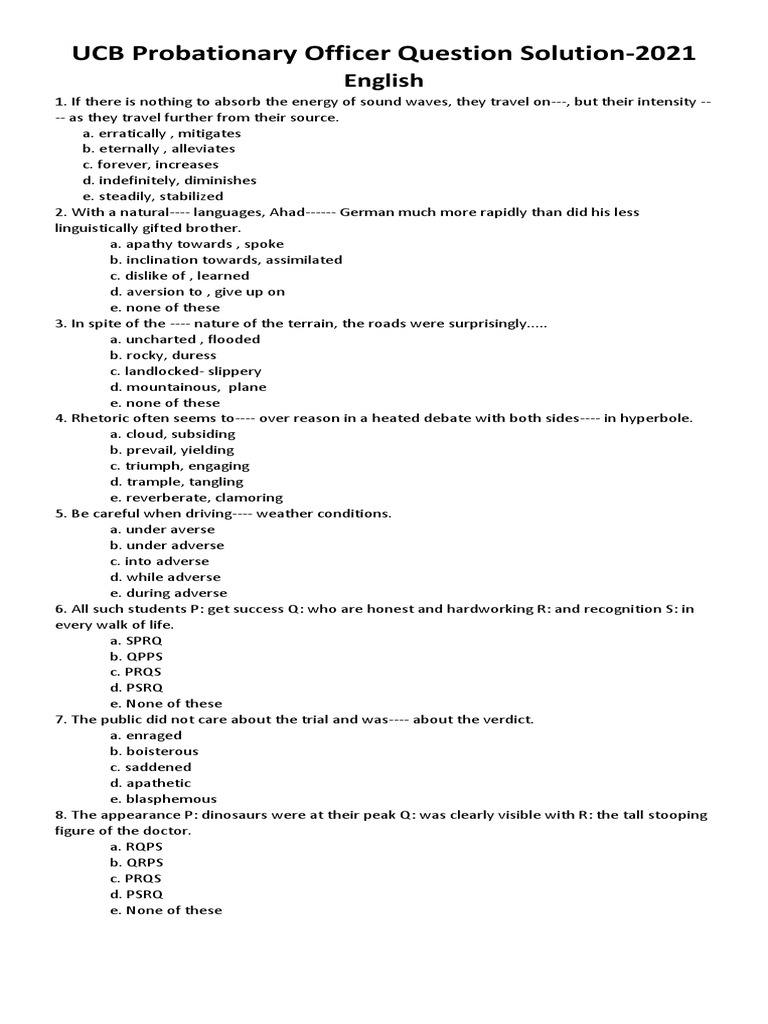 UCB Probationary Officer Exam Solutions | PDF