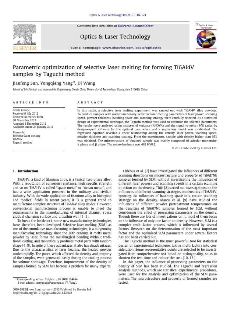 Parametric Optimization Of Selective Laser Melting For Forming Ti6al4v